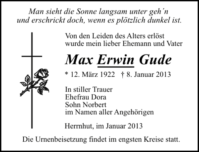 Traueranzeigen von Max Erwin Gude | trauer-anzeigen.de