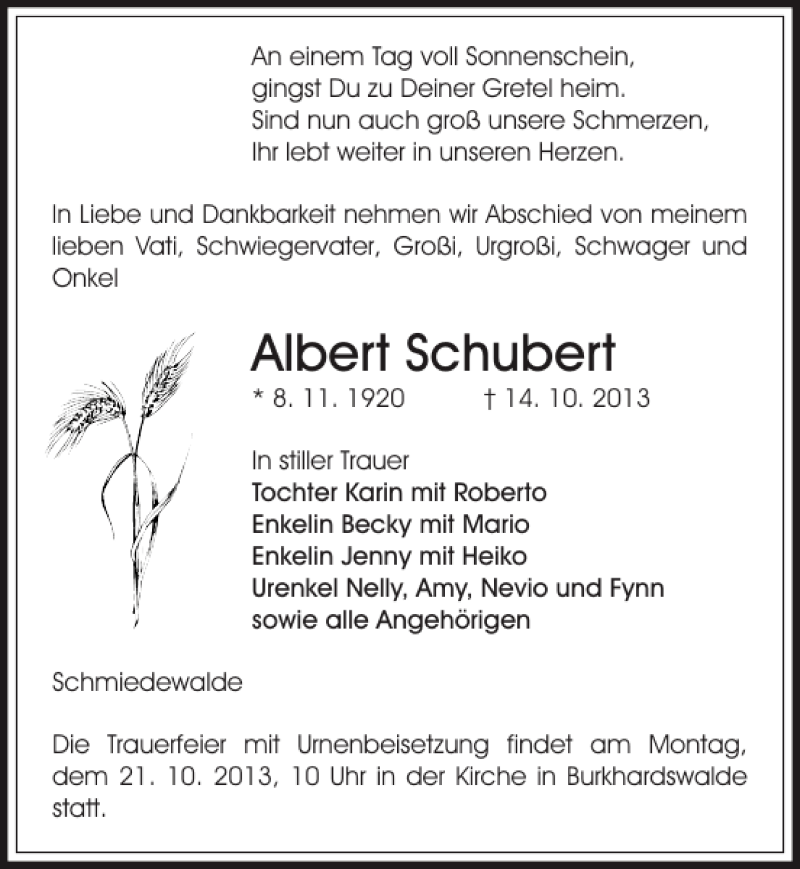 Traueranzeigen von Albert Schubert | trauer-anzeigen.de