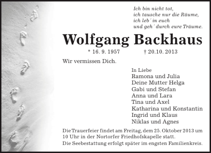 Traueranzeigen von Wolfgang Backhaus | trauer-anzeigen.de