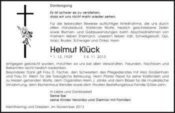 Traueranzeigen von Helmut Klück | trauer-anzeigen.de