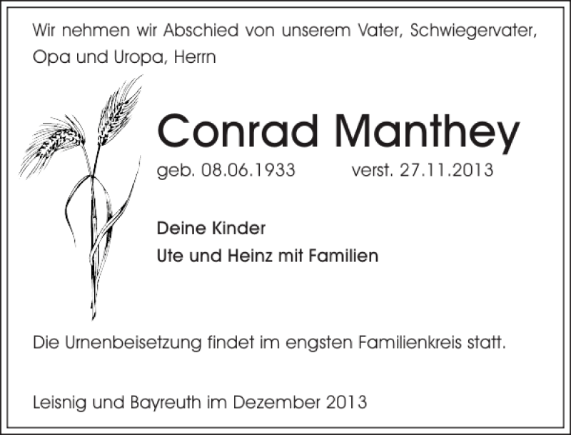 Traueranzeigen von Conrad Manthey | trauer-anzeigen.de