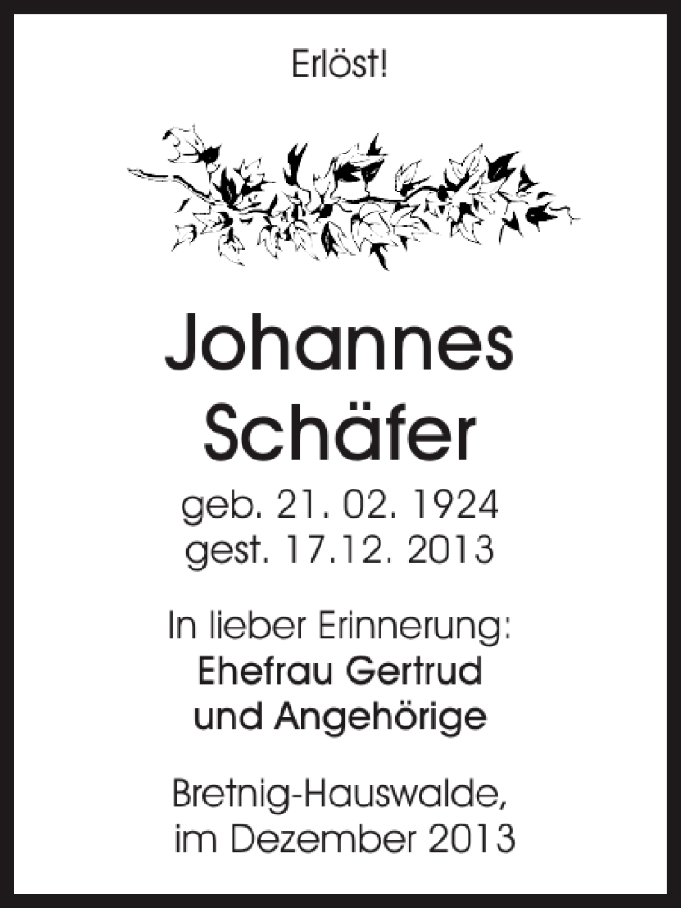 Traueranzeigen von Johannes Schäfer | trauer-anzeigen.de