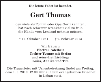 Traueranzeigen von Gert Thomas | trauer-anzeigen.de
