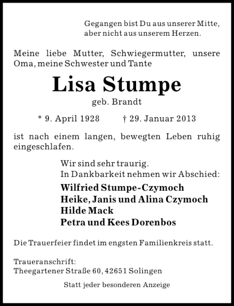 Traueranzeigen von Lisa Stumpe | trauer-anzeigen.de