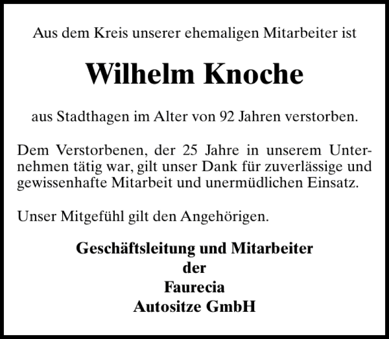 Traueranzeigen von Wilhelm Knoche | trauer-anzeigen.de