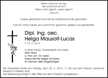 Traueranzeigen von Dipl. Ing. oec.Helga Mausolf-Lucas | trauer-anzeigen.de