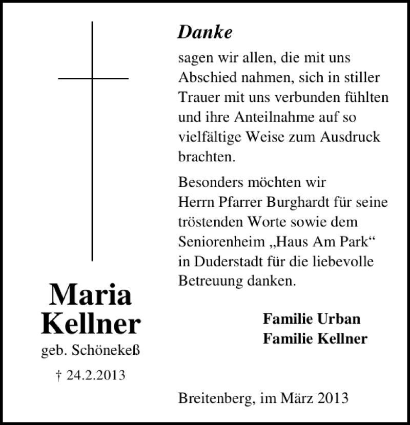 Traueranzeigen von Maria Kellner | trauer-anzeigen.de
