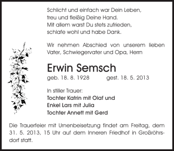 Traueranzeigen von Erwin Semsch | trauer-anzeigen.de