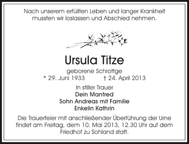 Traueranzeigen von Ursula Titze | trauer-anzeigen.de