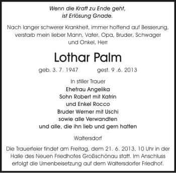 Traueranzeigen von Lothar Palm | trauer-anzeigen.de