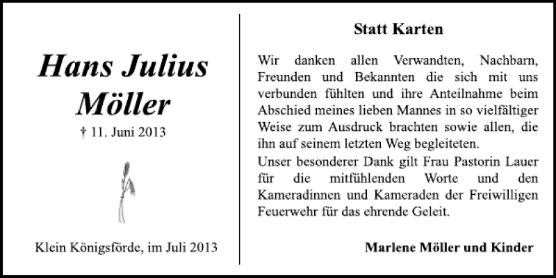 Traueranzeigen von Hans Julius Möller | trauer-anzeigen.de