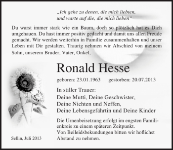 Traueranzeigen von Ronald Hesse | trauer-anzeigen.de