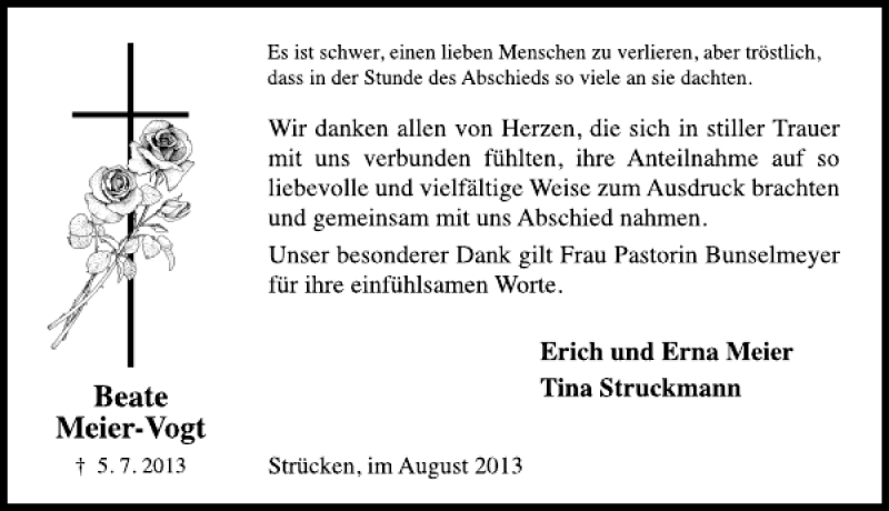 Traueranzeigen von Beate Meier-Vogt | trauer-anzeigen.de