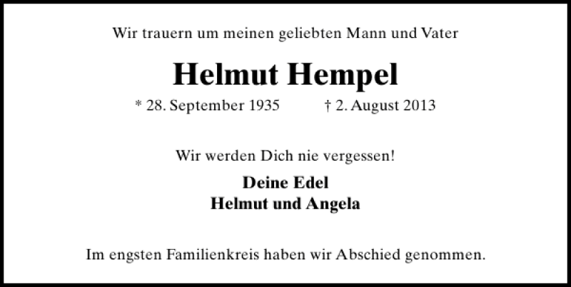 Traueranzeigen von Helmut Hempel | trauer-anzeigen.de