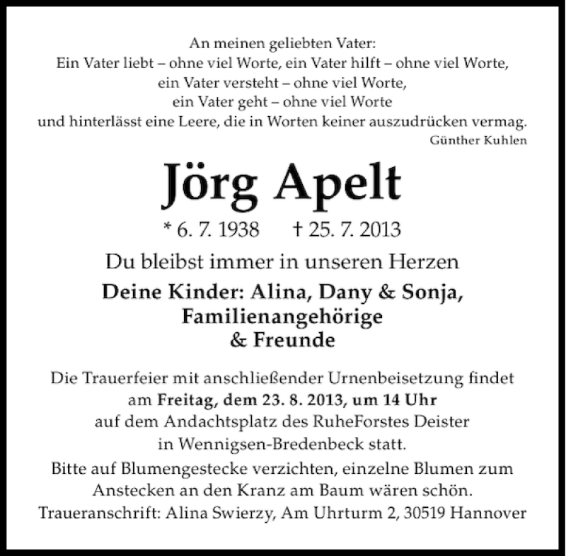 Traueranzeigen von Jörg Apelt | trauer-anzeigen.de