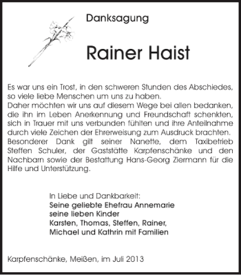Traueranzeigen von Rainer Haist | trauer-anzeigen.de