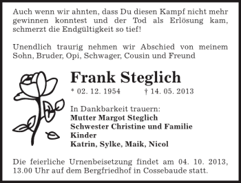 Traueranzeigen von Frank Steglich | trauer-anzeigen.de