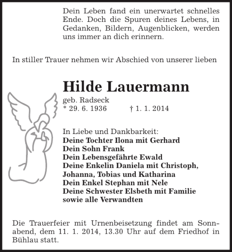 Traueranzeigen von Hilde Lauermann | trauer-anzeigen.de