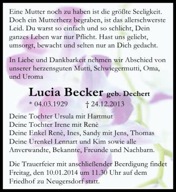 Traueranzeigen von Lucia Becker | trauer-anzeigen.de
