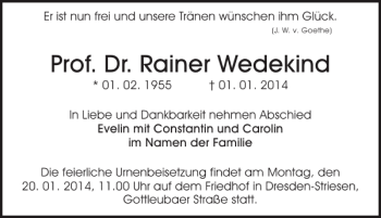 Traueranzeigen von Prof. Dr. Rainer Wedekind | trauer-anzeigen.de