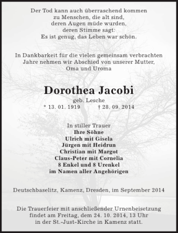 Traueranzeigen von Dorothea Jacobi | trauer-anzeigen.de