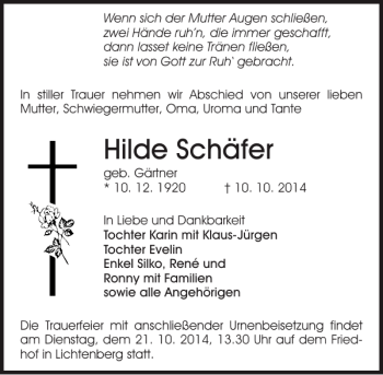 Traueranzeigen von Hilde Schäfer | trauer-anzeigen.de