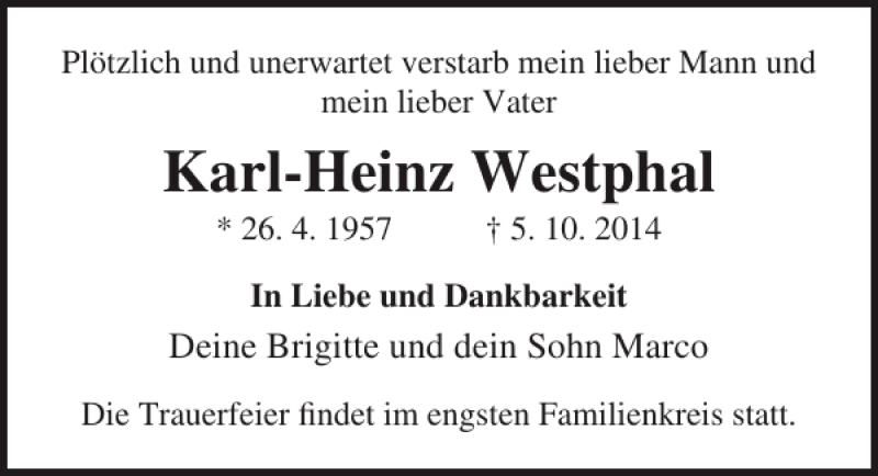 Traueranzeigen von Karl-Heinz Westphal | trauer-anzeigen.de