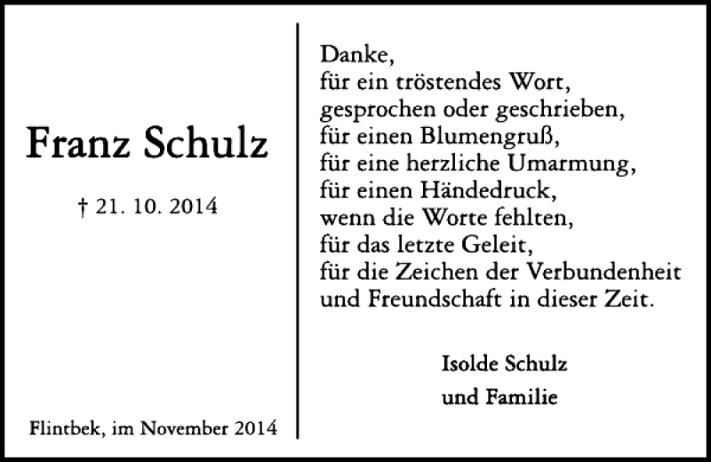 Traueranzeigen von Franz Schulz | trauer-anzeigen.de