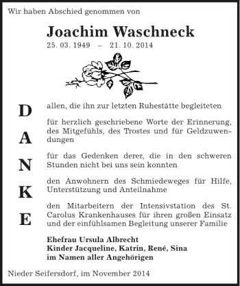 Traueranzeigen von Joachim Waschneck | trauer-anzeigen.de