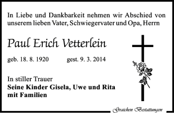 Traueranzeigen von Paul Erich Vetterlein | trauer-anzeigen.de