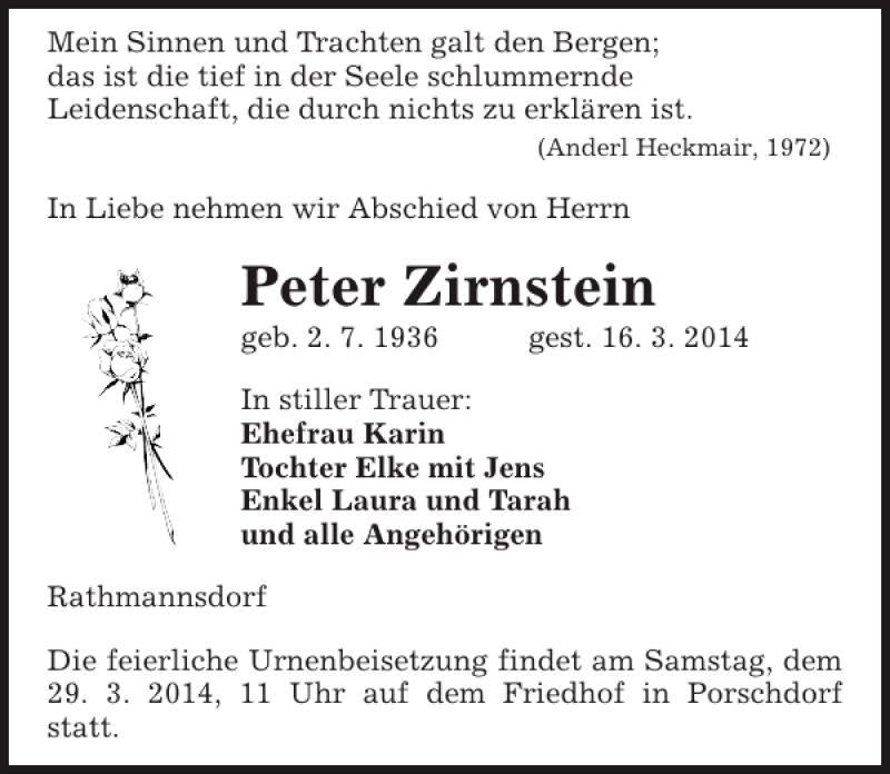Traueranzeigen von Peter Zirnstein | trauer-anzeigen.de