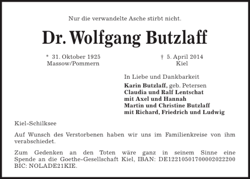 Traueranzeigen von Wolfgang Butzlaff | trauer-anzeigen.de
