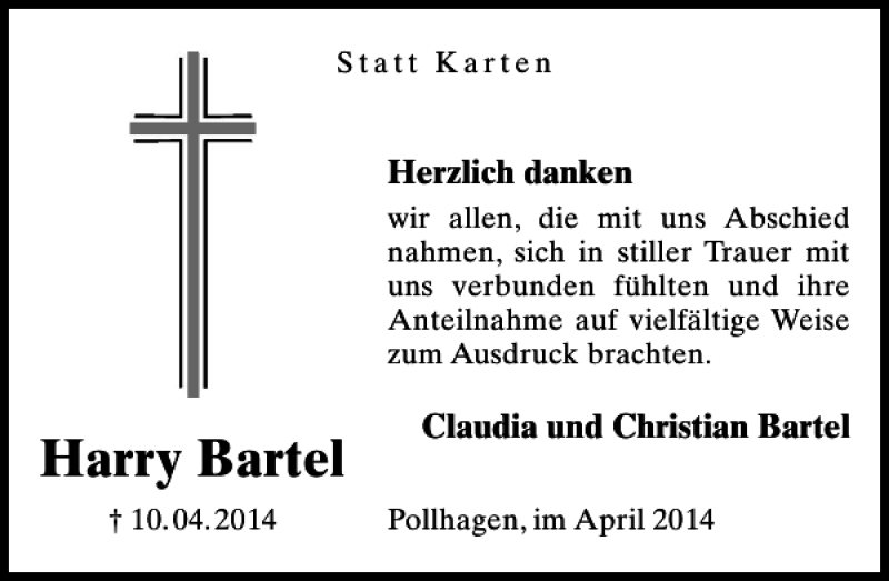 Traueranzeigen von Harry Bartel | trauer-anzeigen.de