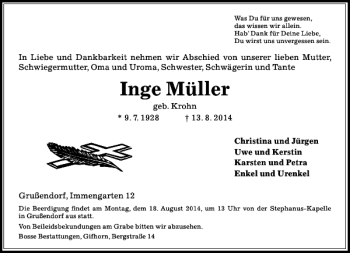 Traueranzeigen von Inge Müller | trauer-anzeigen.de
