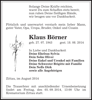 Traueranzeigen von Klaus Börner | trauer-anzeigen.de