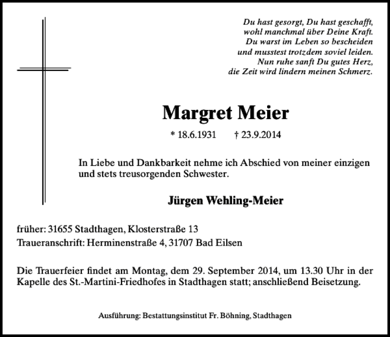 Traueranzeigen von Margret Meier | trauer-anzeigen.de