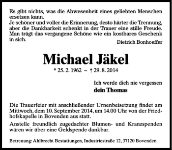 Traueranzeigen von Michael Jäkel | trauer-anzeigen.de