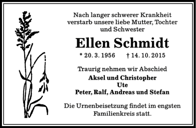 Traueranzeigen von Ellen Schmidt | trauer-anzeigen.de