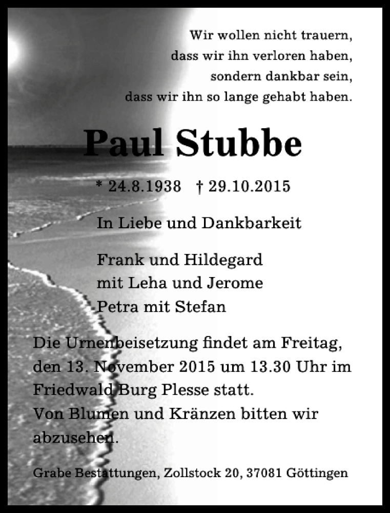 Traueranzeigen von Paul Stubbe | trauer-anzeigen.de