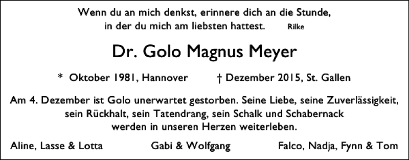 Traueranzeigen von Dr. Golo Magnus Meyer | trauer-anzeigen.de