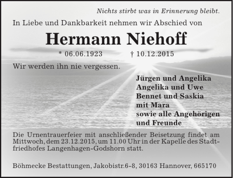 Traueranzeigen von Hermann Niehoff | trauer-anzeigen.de