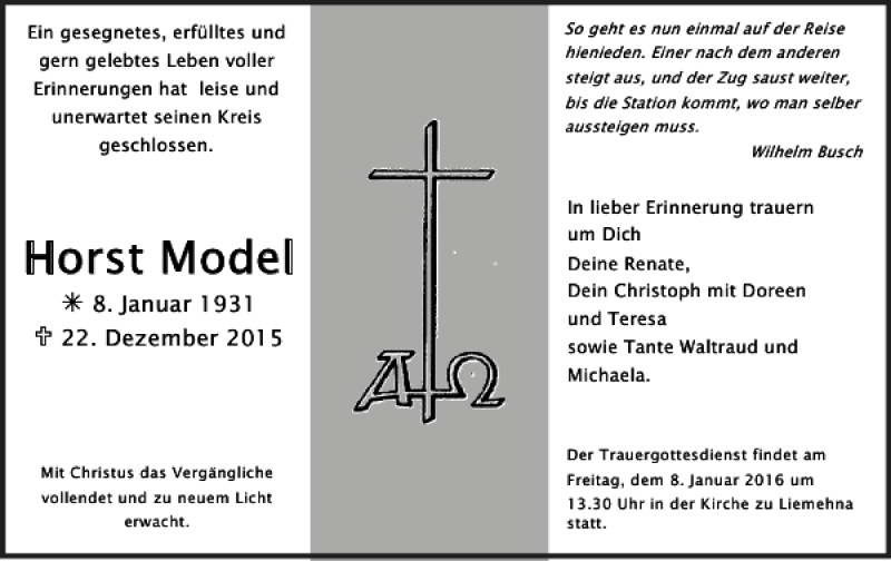 Traueranzeigen von Horst Model | trauer-anzeigen.de
