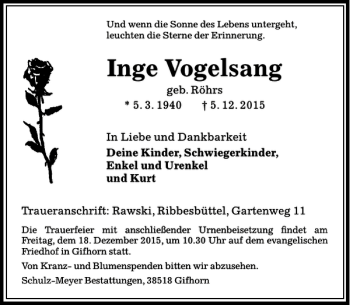 Traueranzeigen von Inge Vogelsang | trauer-anzeigen.de