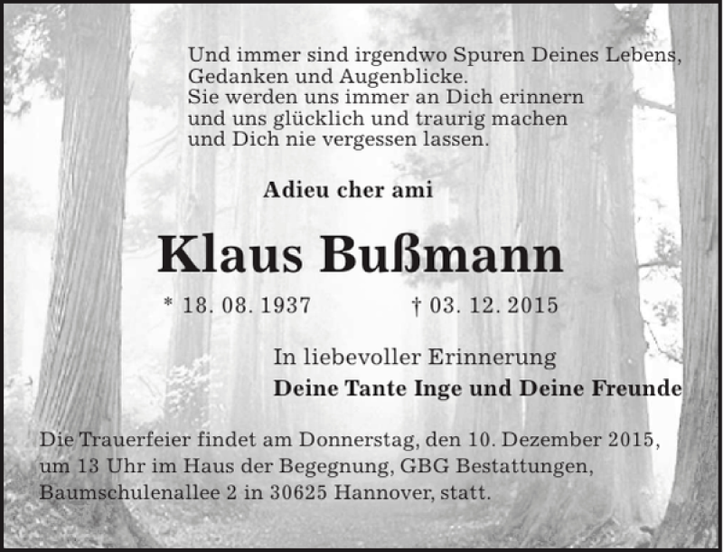 Traueranzeigen von Klaus Bußmann | trauer-anzeigen.de