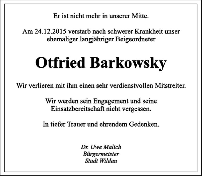 Traueranzeigen von Nachruf Barkowsky | trauer-anzeigen.de