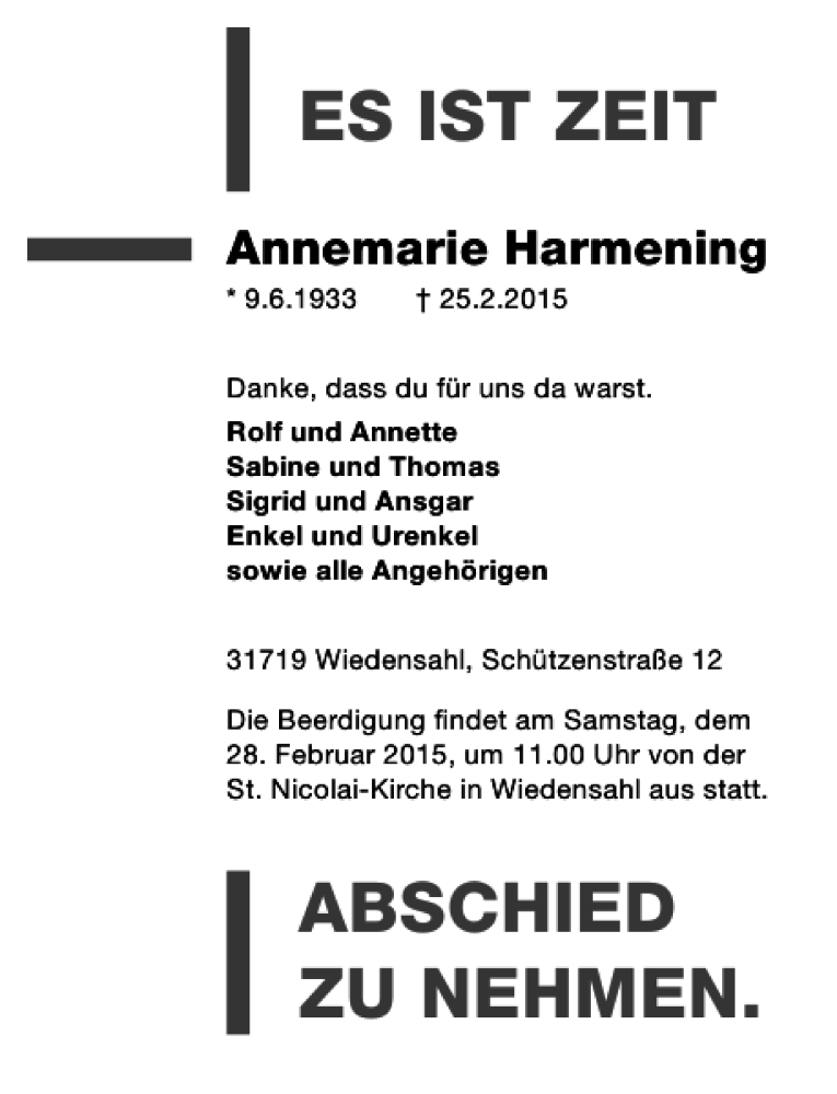 Traueranzeigen von Annemarie Harmening | trauer-anzeigen.de