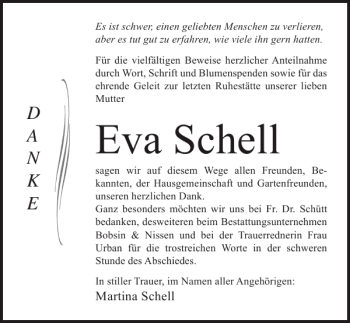 Traueranzeigen von Eva Schell | trauer-anzeigen.de