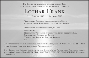 Traueranzeigen von Lothar Frank | trauer-anzeigen.de
