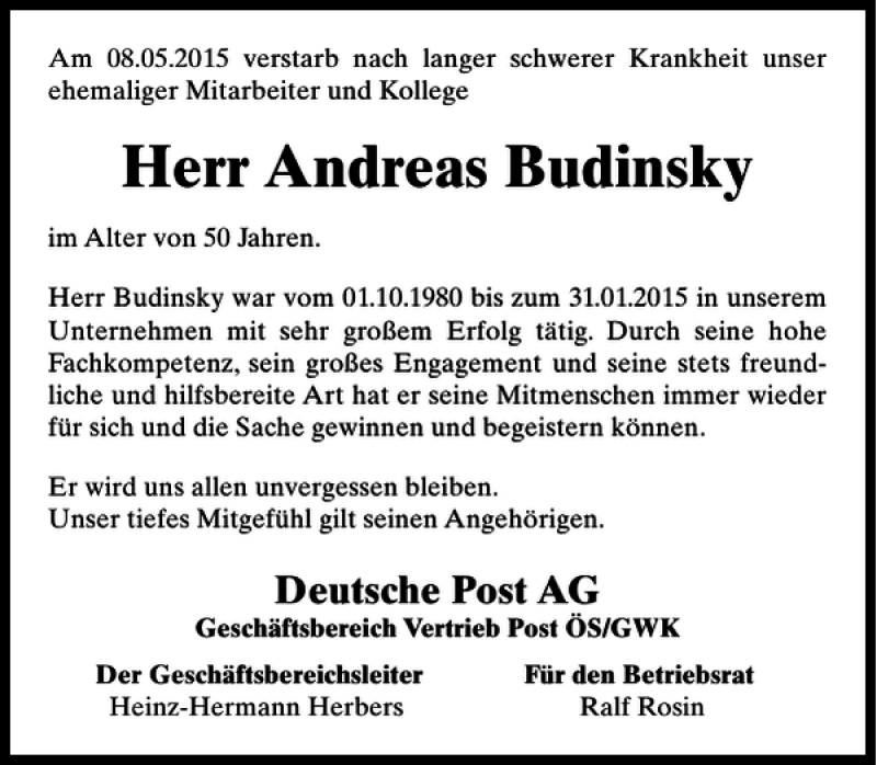 Traueranzeigen von Andreas Budinsky | trauer-anzeigen.de