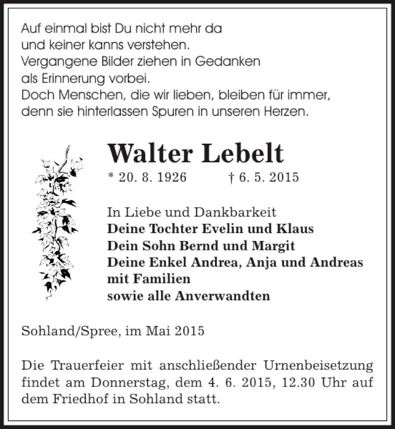 Traueranzeigen von Walter Lebelt | trauer-anzeigen.de